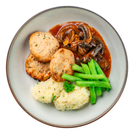 Chicken Rissoles with Stroganoff Sauce, Green Beans and Mashed ...